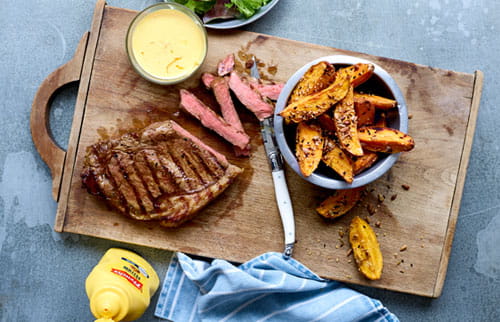 French’s Mustard Steak with Sweet Potato Dukkha Wedges
